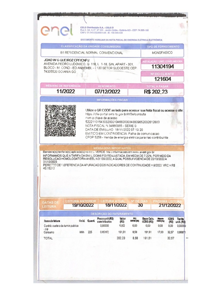 Documento Auxiliar Da Nota Fiscal de Energia Elétrica Eletrônica | PDF