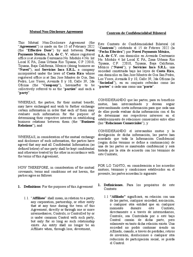 Nuvei MX - Mutual NDA - Template (Eng-Spa) V 2022 | PDF | Acuerdo de no ...