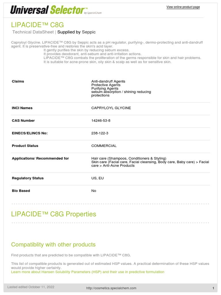 LIPACIDE™ C8G - Seppic | PDF | Hair Care | Integumentary System LIPACIDE™ C8G - Seppic | PDF | Hair Care | Integumentary System