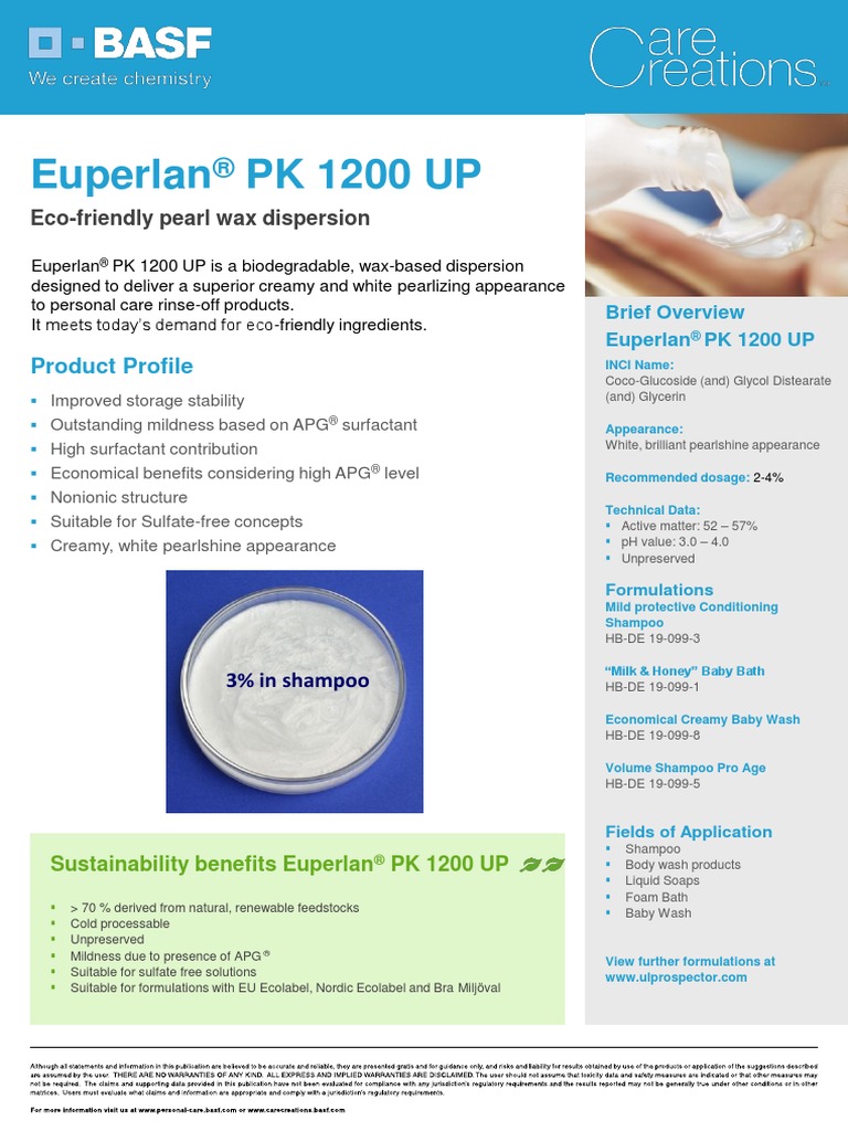 Euperlan PK 1200 UP - Eco-Friendly Pearl Wax Dispersion 2019-10 | PDF | Shampoo | Detergent