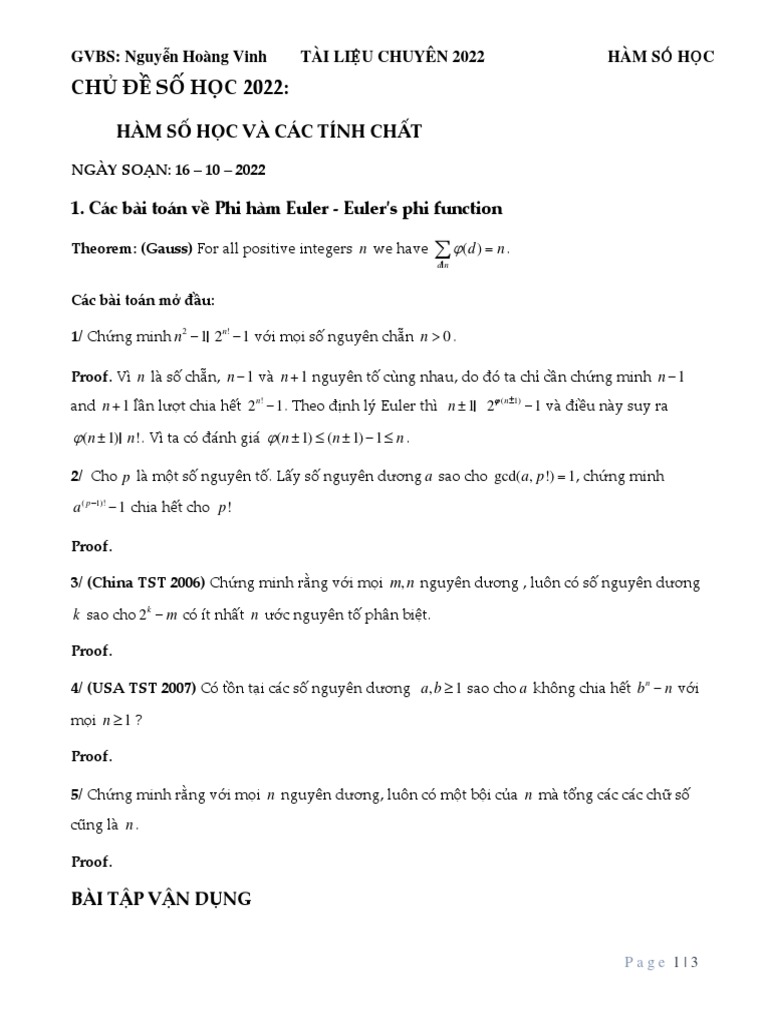 CHỦ ĐỀ SỐ HỌC 2022 - Phi hàm Euler | PDF