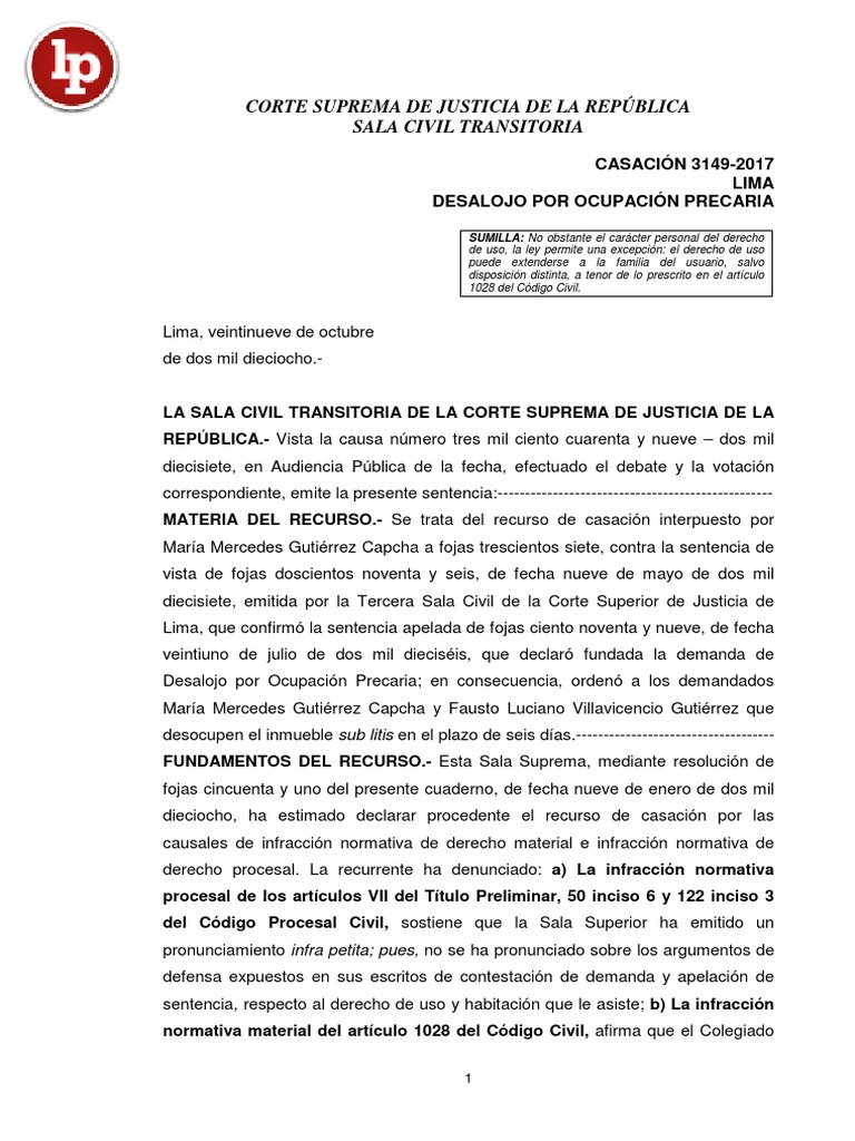 Casacion 3149 2017 Lima LPDerecho | PDF | Sentencia (ley) | Judicaturas Casacion 3149 2017 Lima LPDerecho | PDF | Sentencia (ley) | Judicaturas