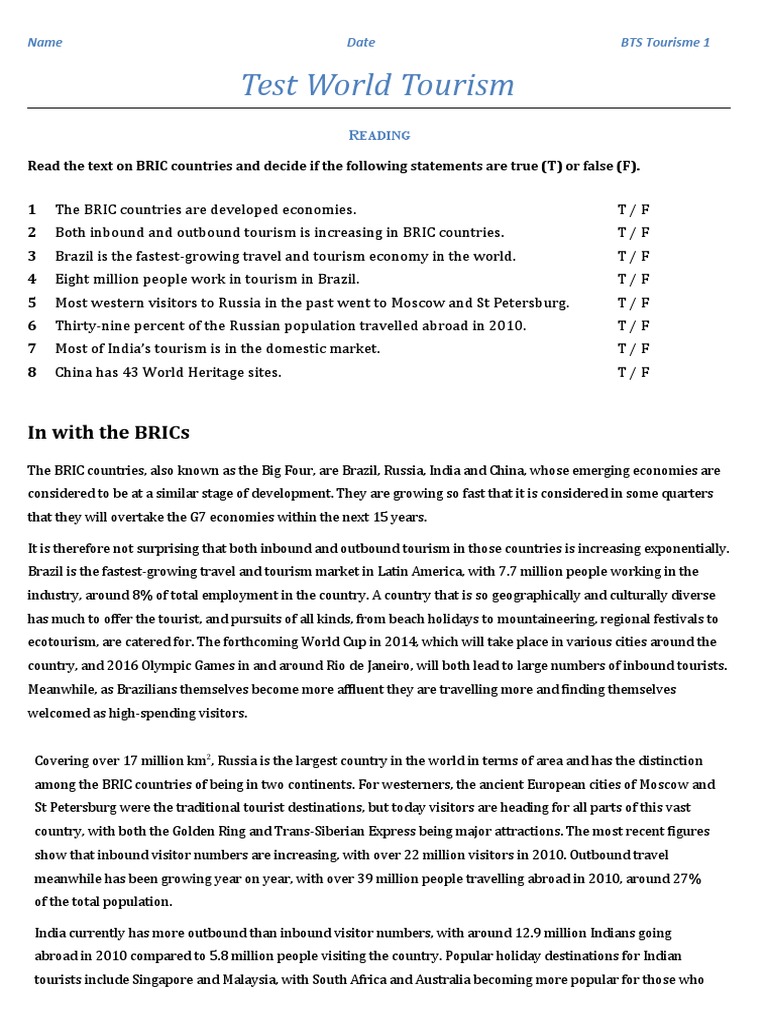 Test World Tourism | PDF | Tourism | Bric