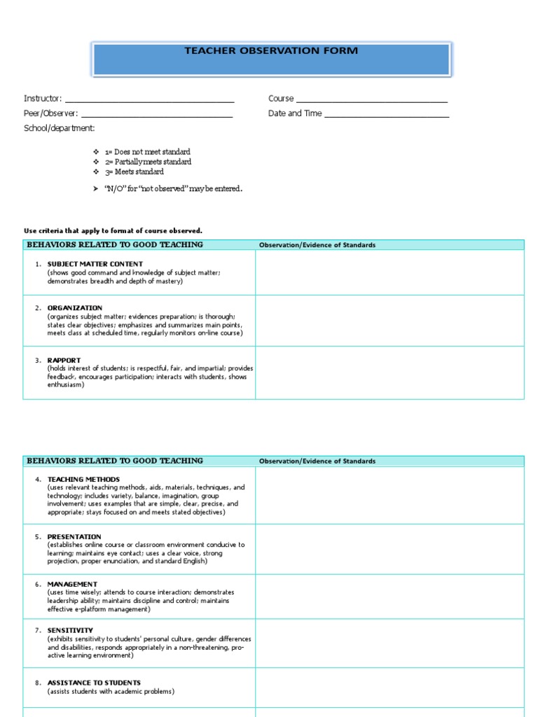 Classroom Observation Form | Download Free PDF | Educational Technology ...