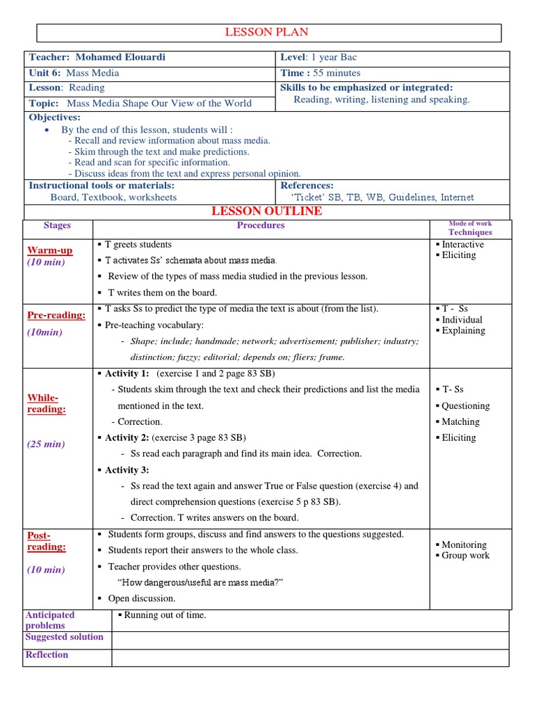 Ticket1 - U6 - Reading - Lesson Plan - Mohamed Elouardi | PDF | Reading Comprehension | Behavior ...