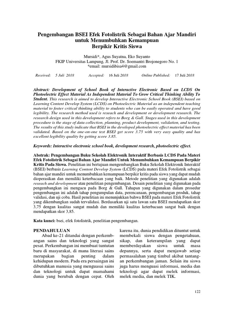 Pengembangan BSEI Efek Fotolistrik Sebagai Bahan Ajar Mandiri Untuk ...