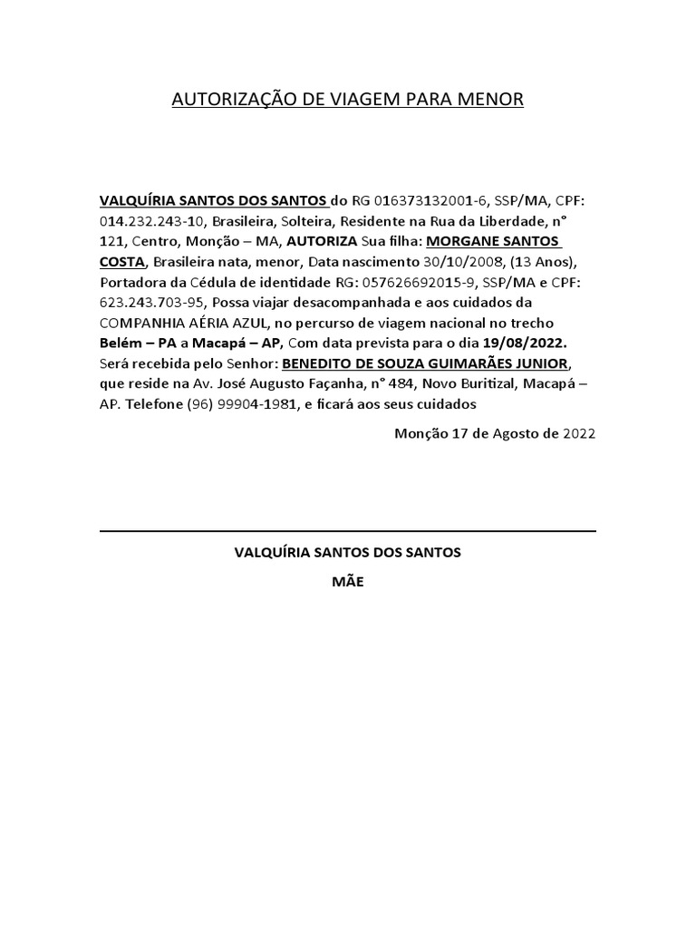 Autorização de Viagem para Menor | PDF