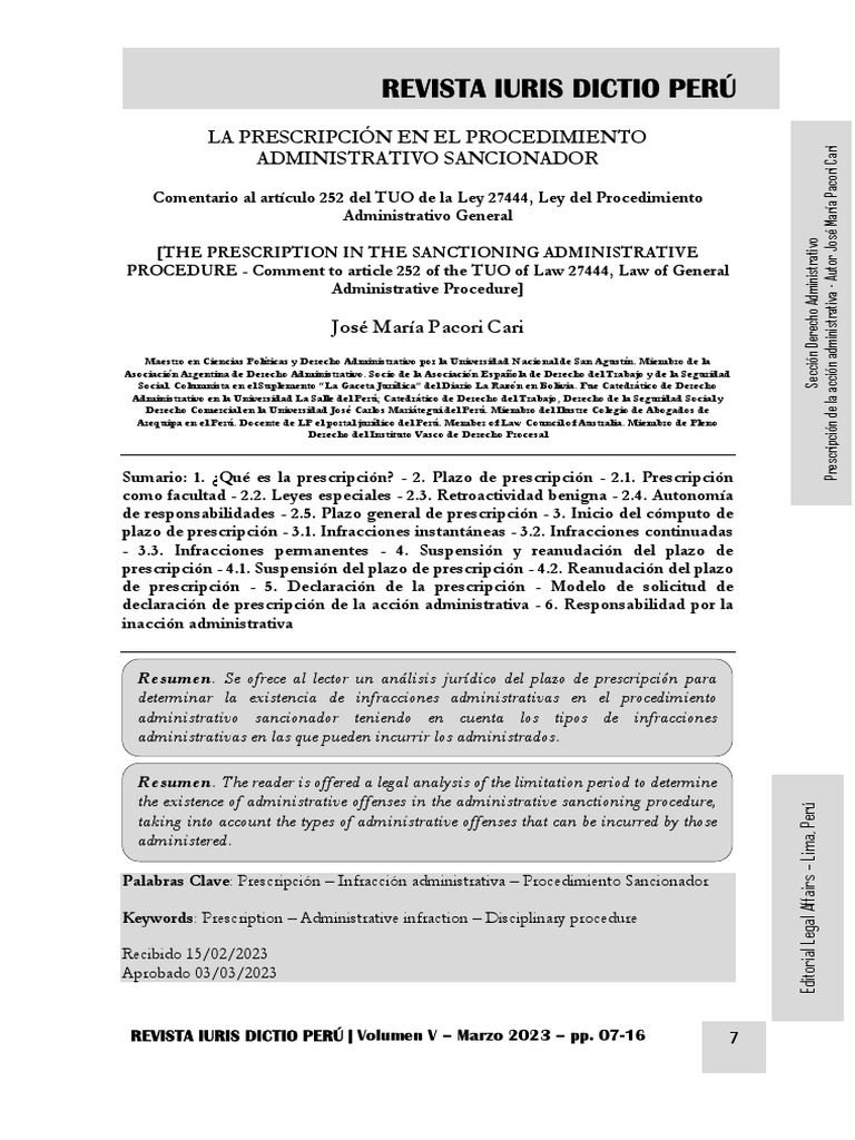 La Prescripción en El Procedimiento Administrativo Sancionador - Autor José María Pacori Cari ...