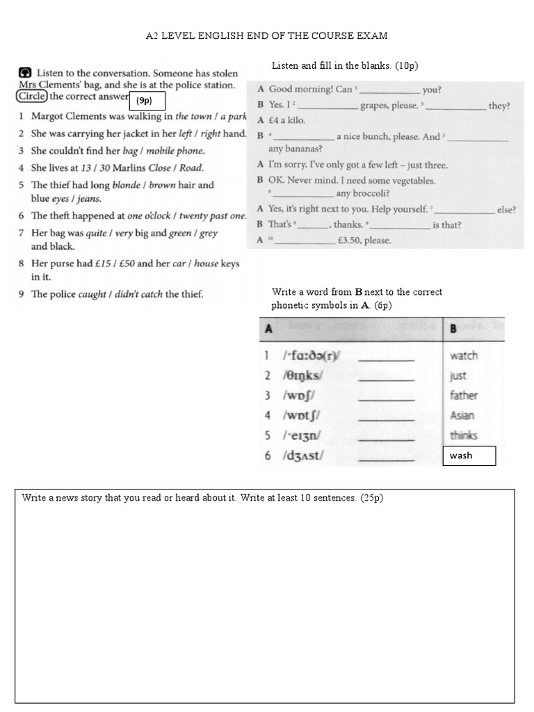 A2 Level English End of The Course Exam Listen and Fill in The Blanks ...