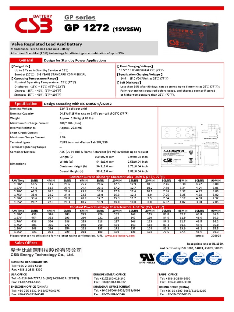 Bateria GP1272F2 12-7ah | PDF | Electrical Engineering | Electricity