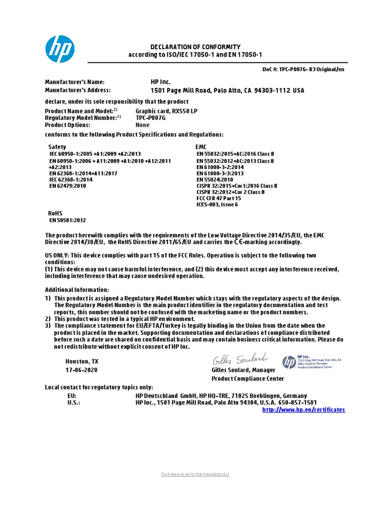Declaration of Conformity According To ISO/IEC 17050-1 and EN 17050-1 ...