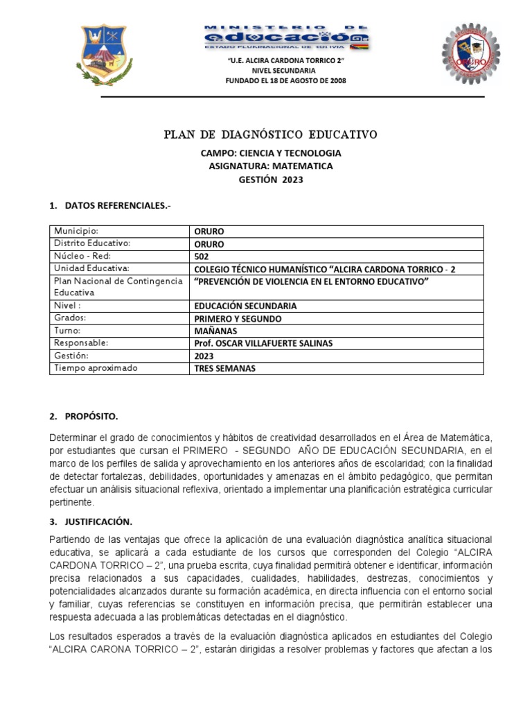 Plan Y Evaluación Diagnostica 2023 Acp Pdf Evaluación Maestros 9169