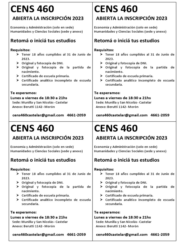 Inscripción 2023 CENS 460 Morón | PDF