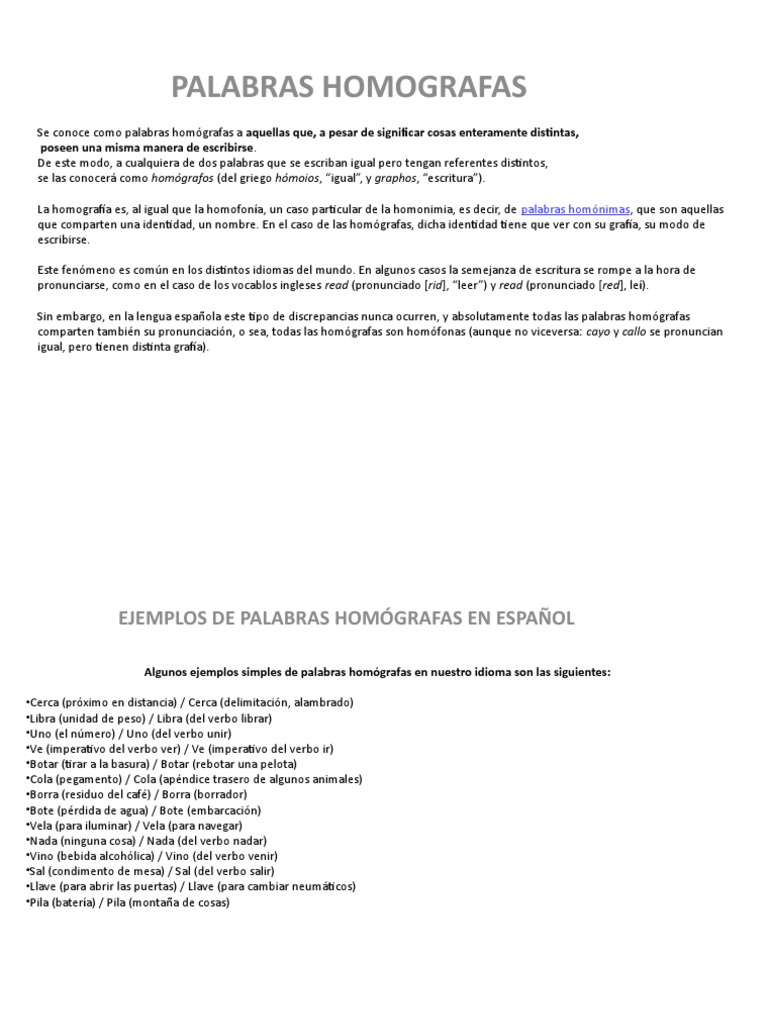 Palabras Homógrafas en Español | PDF | Verbo | Vino