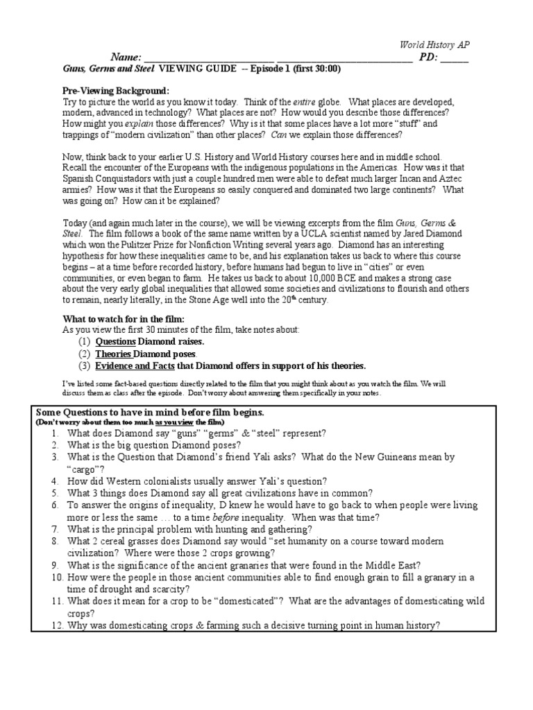 Diamond Guns Germs Steel Viewing Guide | PDF | Domestication | Cereals