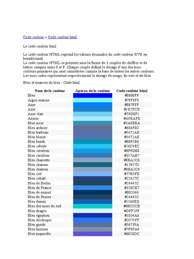 Codes Couleur HTML et RVB | PDF | Vert | Bleu
