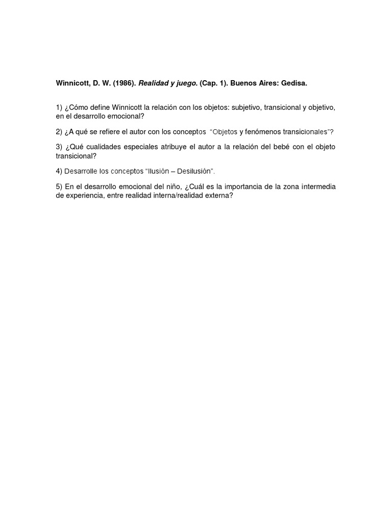 Guía de Lectura de Winnicott 2 - Realidad y Juego | PDF