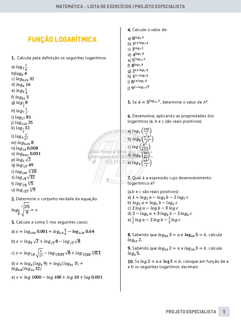 Função Logarítmica - Exercícios | PDF | Logaritmo | Matemática