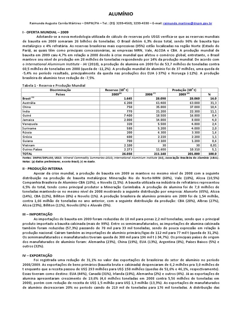 Alumínio SM2010 | PDF | Alumínio | Economias