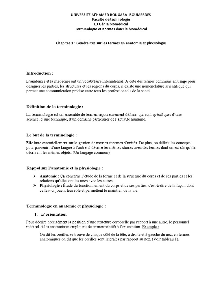 Terminologie Anatomique en Biomédical | PDF | Système de référence en ...