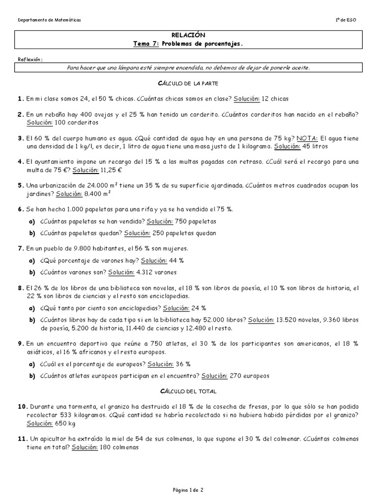 Relación Tema 7. Problemas de Porcentajes. Soluciones | PDF
