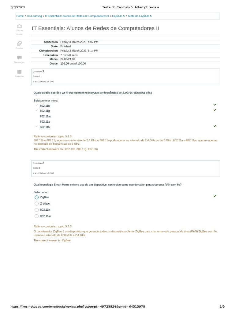 Teste Capítulo 5: Redes sem fio, protocolos e serviços | PDF | Rede de ...