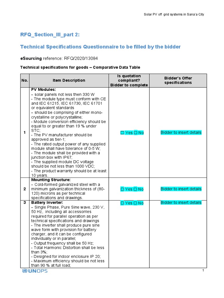 RFQ - Section - III - Technical Specifications Questionnaire - Part 2 ...