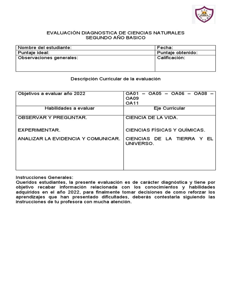 Evaluación Diagnostica de Ciencias Naturales | PDF | Evaluación | Dom