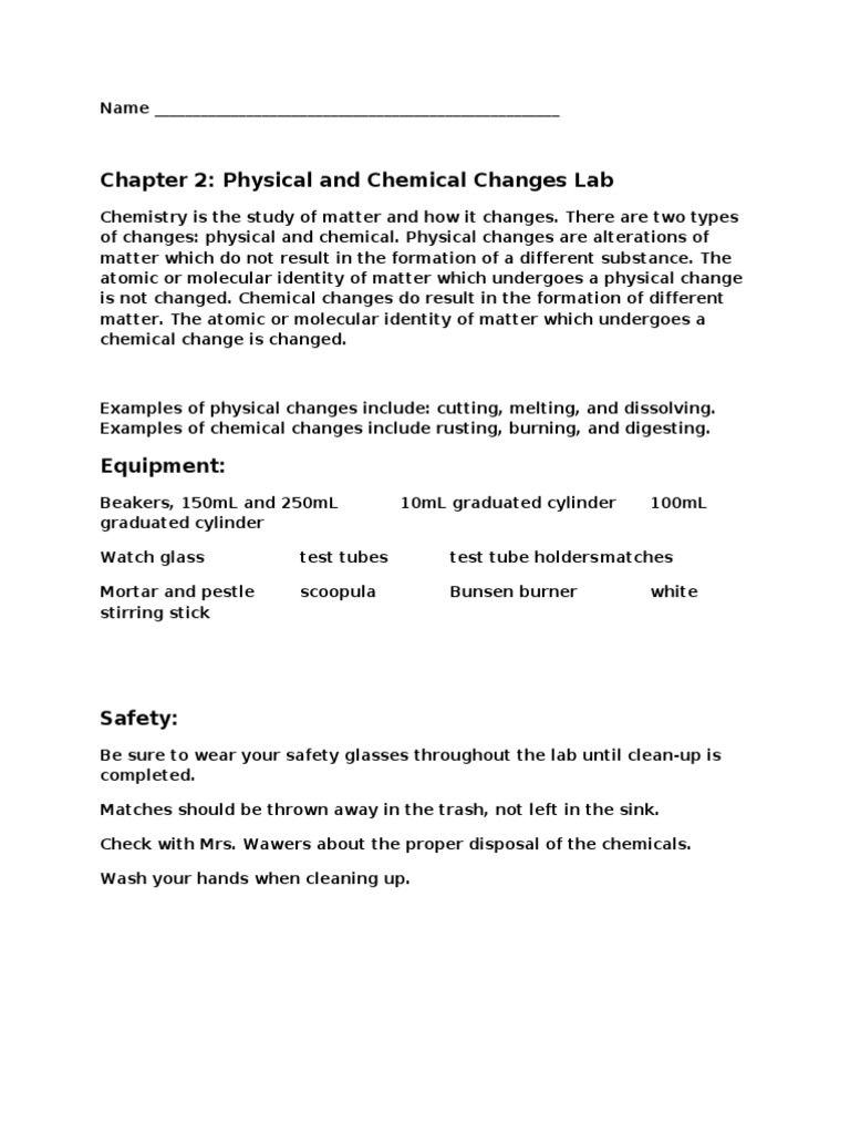 Procedures and Observations For Chemical and Physical Changes Lab | PDF ...