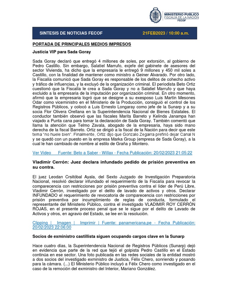 Sintesis de Noticias Fecof 21feb2023 | PDF | Perú | Gobierno