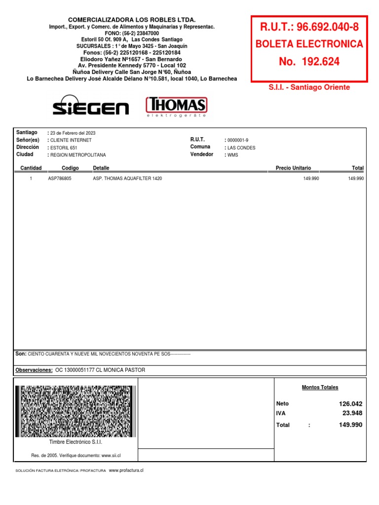 Boleta Electronica: Comercializadora Los Robles Ltda | PDF