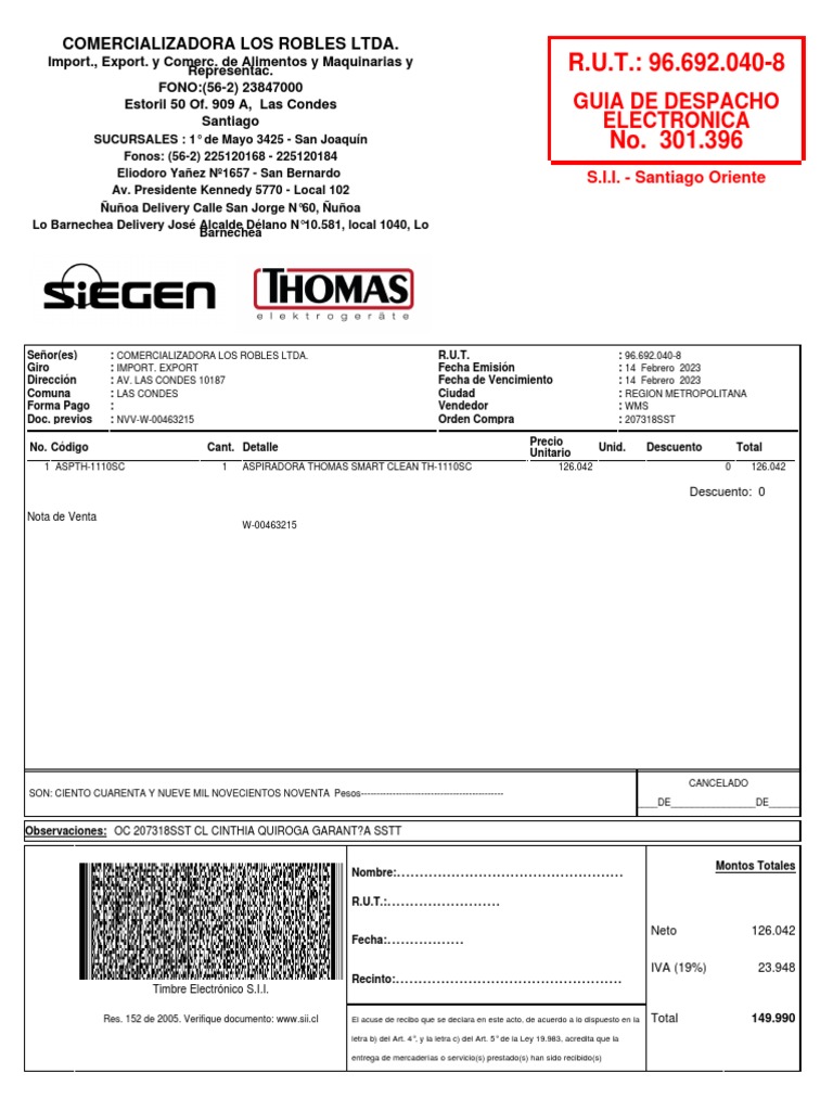 Guia de Despacho Electronica: Comercializadora Los Robles Ltda | PDF