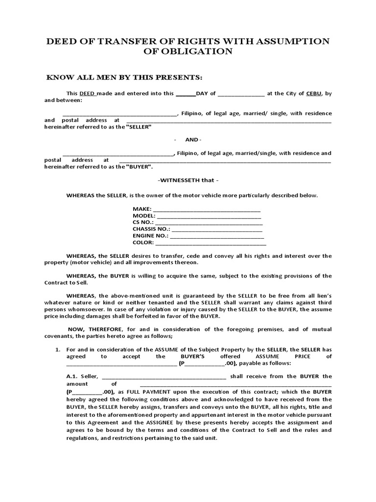 Deed of Transfer of Rights With Assumption of Obligation - Motor ... Deed of Transfer of Rights With Assumption of Obligation - Motor ...