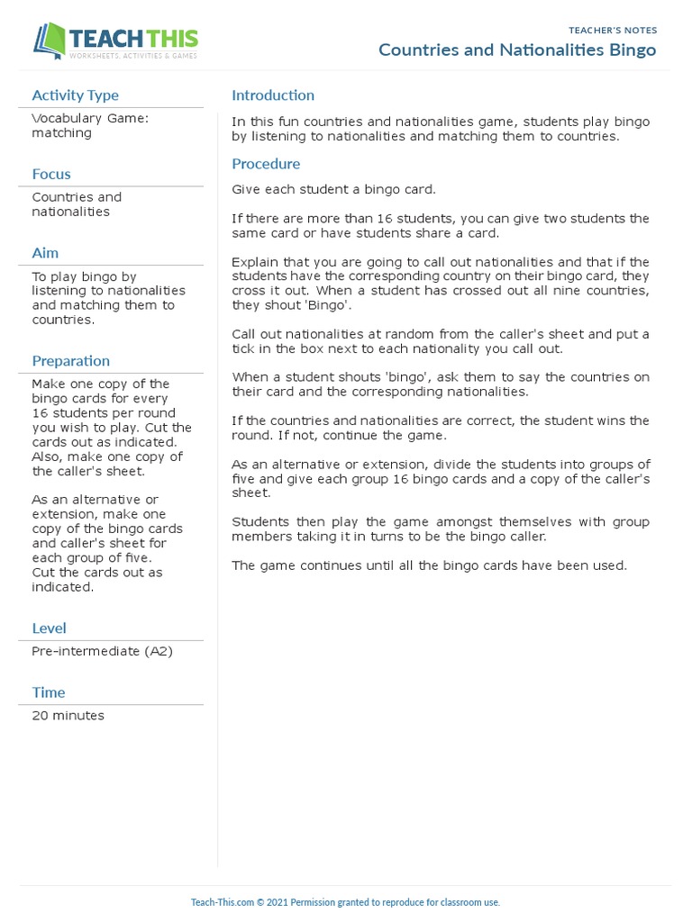 Countries and Nationalities Bingo | PDF | British Empire
