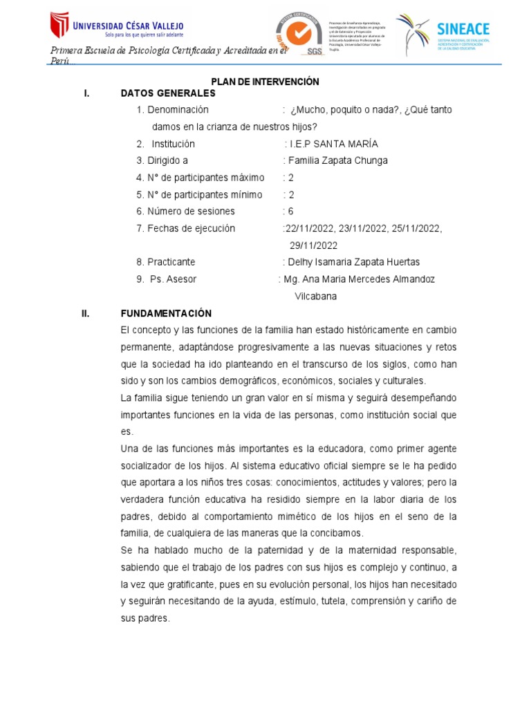Plan de Intervencion Familiar | Descargar gratis PDF | Sicología ...