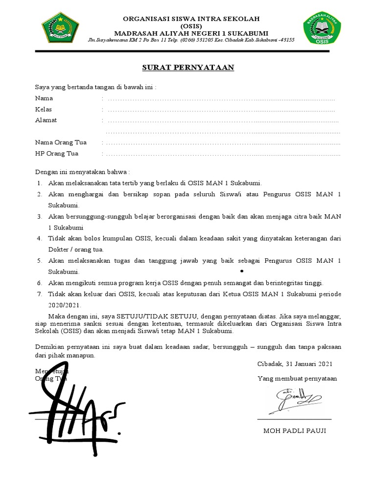 Edited - Surat Pernyataan Pengurus OSIS 2021 | PDF