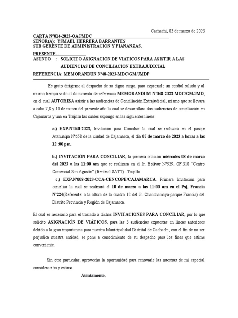 Carta N 14 Asignacion de Viaticos | PDF