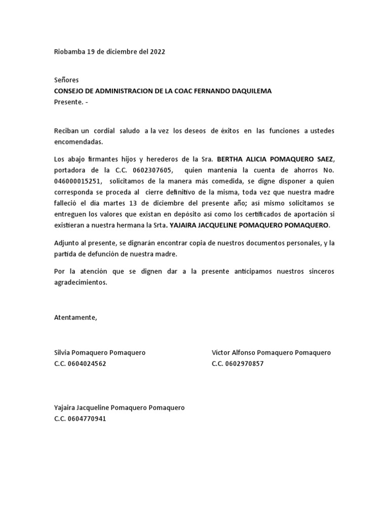 Cierre de Cuenta Por Muerte Coop. Daquilema | PDF