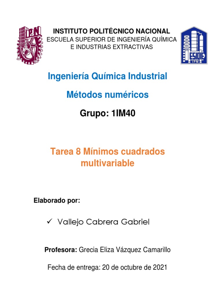 TAREA 8 2IM40 Vallejo Cabrera Gabriel | PDF | Mínimos cuadrados | Econometría