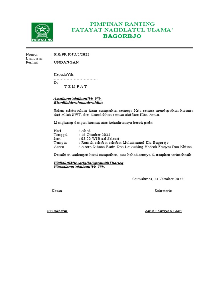 Undangan Pac Fatayat b Anik | PDF