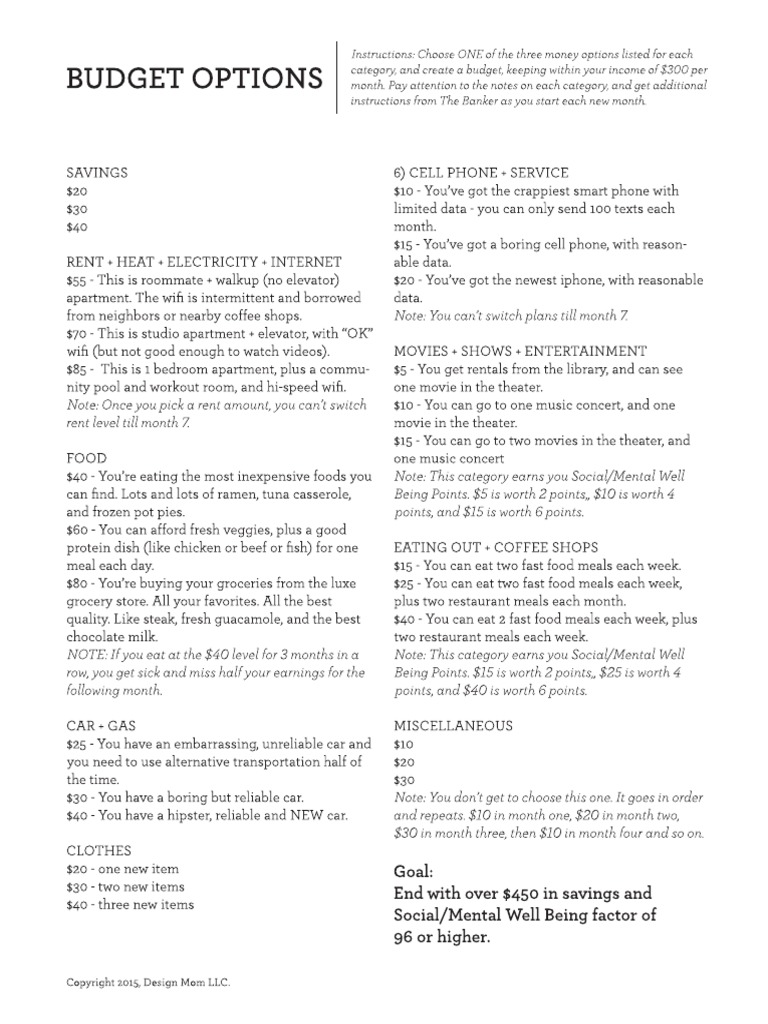 Monthly Budget Game 3 Worksheets | PDF