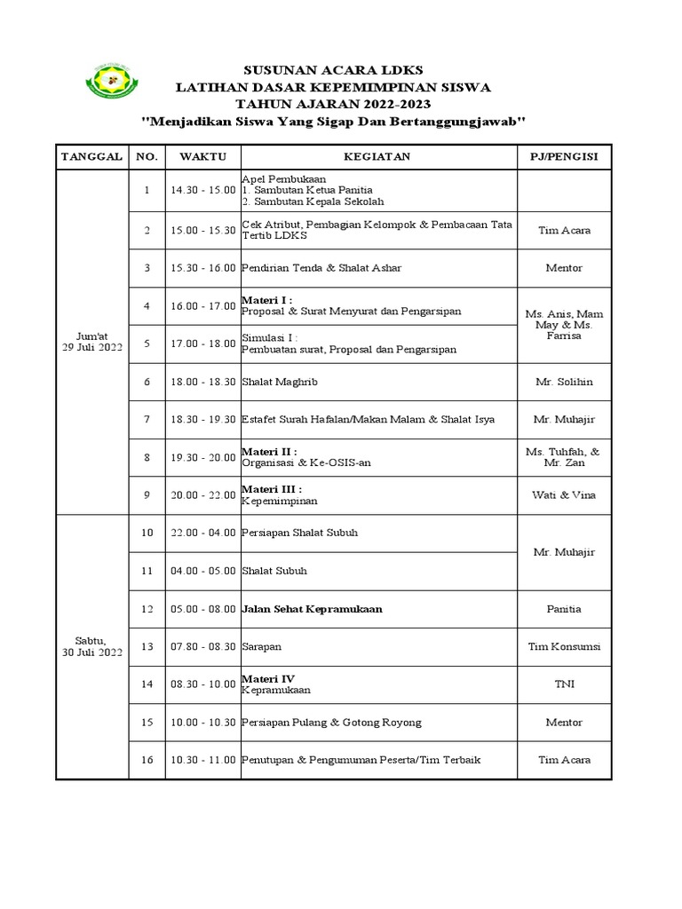 Susunan Acara LDKS | PDF