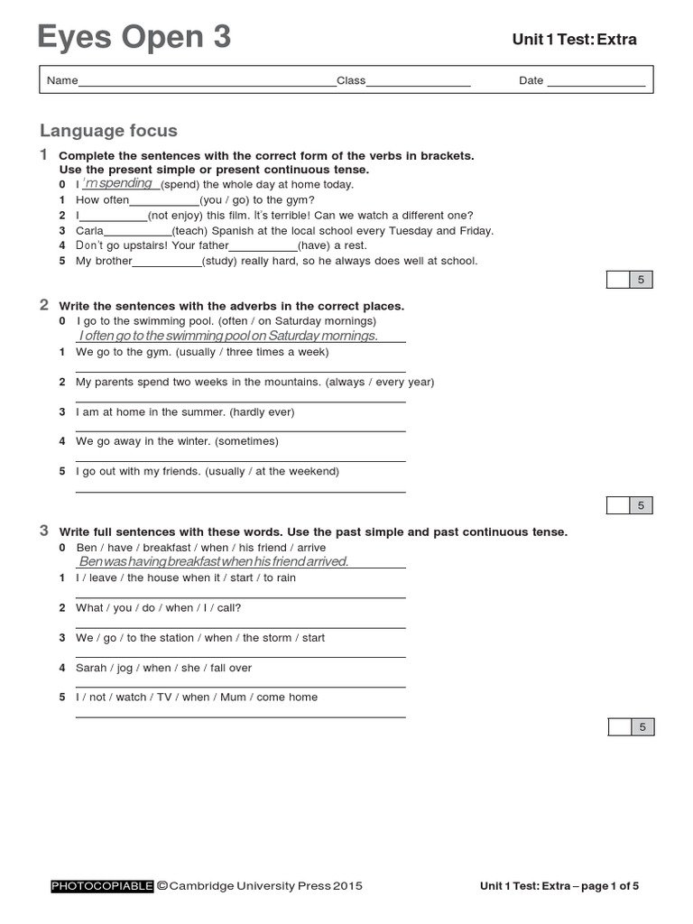 Eyes Open 3 Test - Unit 1 | PDF | Grammatical Tense | Verb