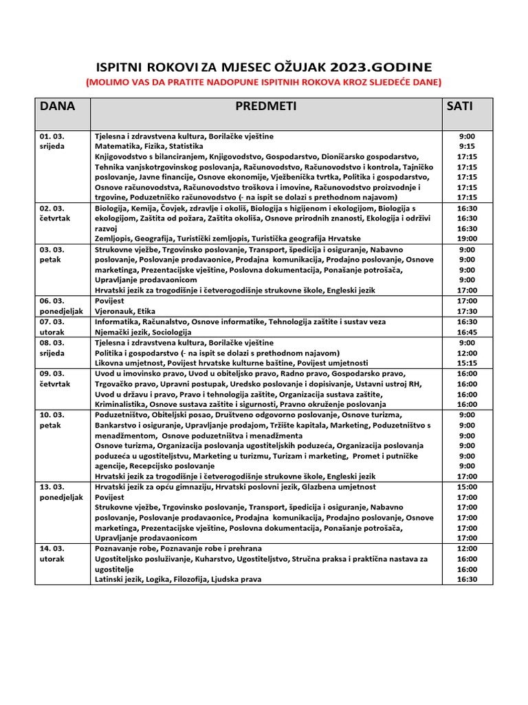 Ispitni Rokovi Za Mjesec Ozujak 2023 | PDF