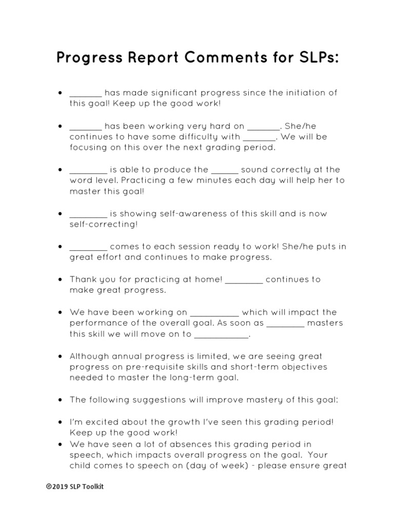 Progress Report Comments For SLPs | PDF