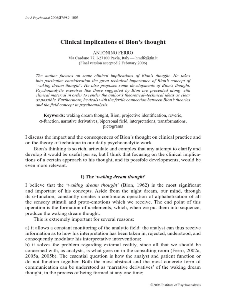 FERRO - Clinical Implications of Bion S Thought | PDF
