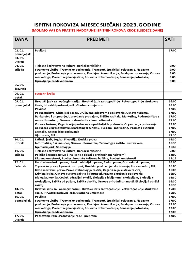 Ispitni Rokovi Za Mjesec Sijecanj 2023 | PDF Ispitni Rokovi Za Mjesec Sijecanj 2023 | PDF