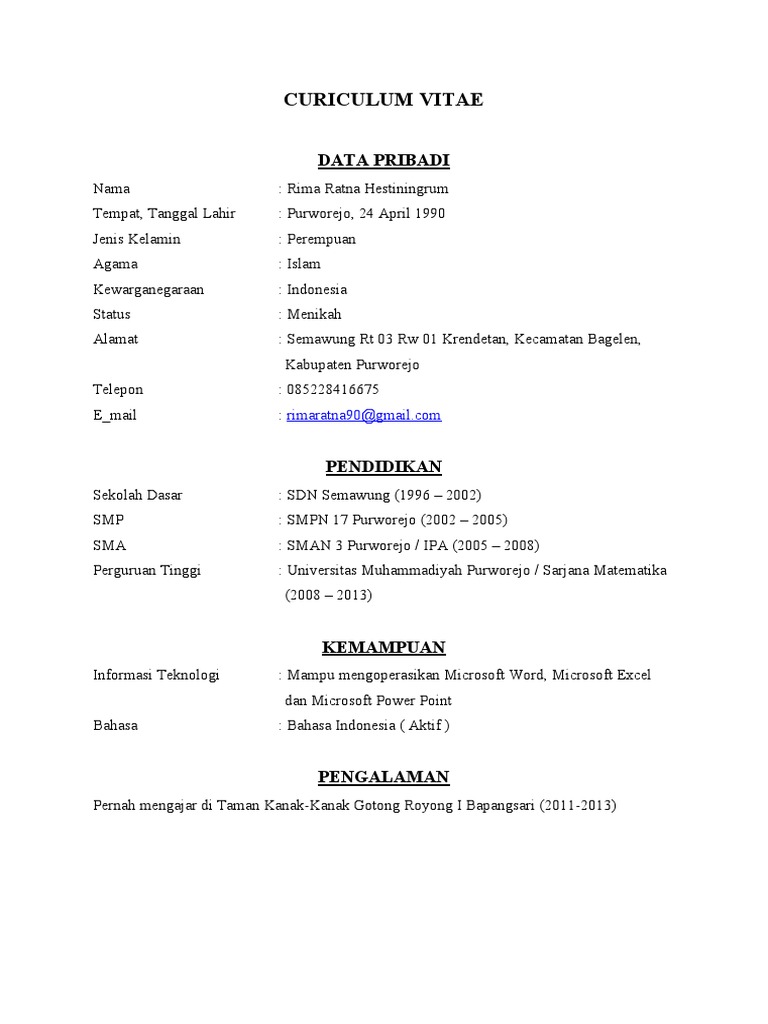 CV Rima Ratna Hestiningrum | PDF