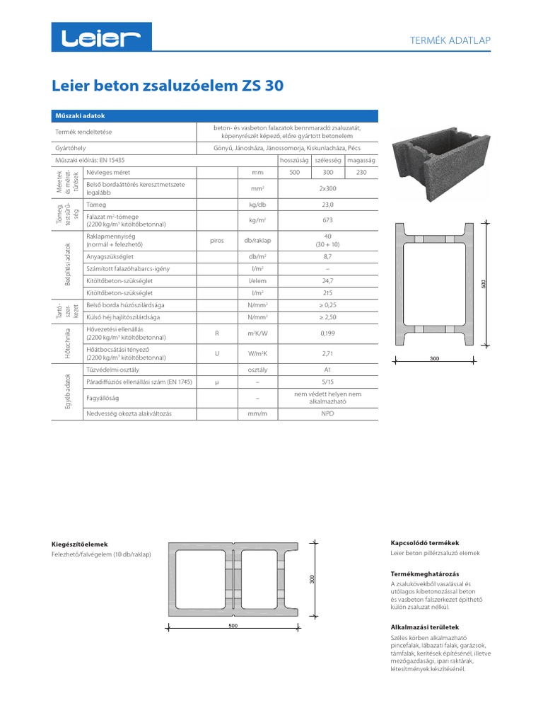 Leier Beton Zsaluzoelem ZS 30 Termekadatlap | PDF
