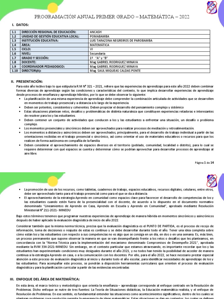 Programacion Anual Primer Grado A y B Gabriel Rodriguez | PDF | Números | Geometría